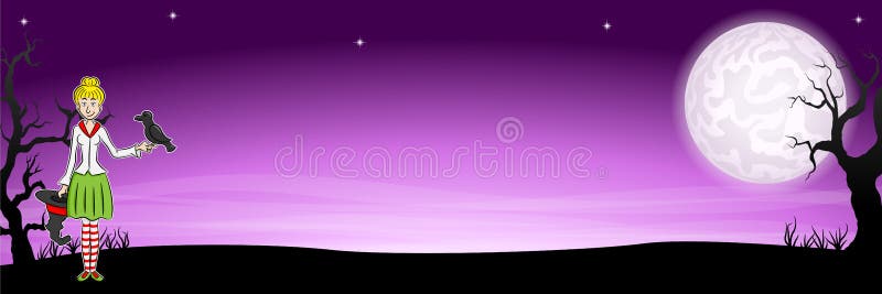 Banner with Cartoon Witch in Front of a Halloween Landscape Stock ...
