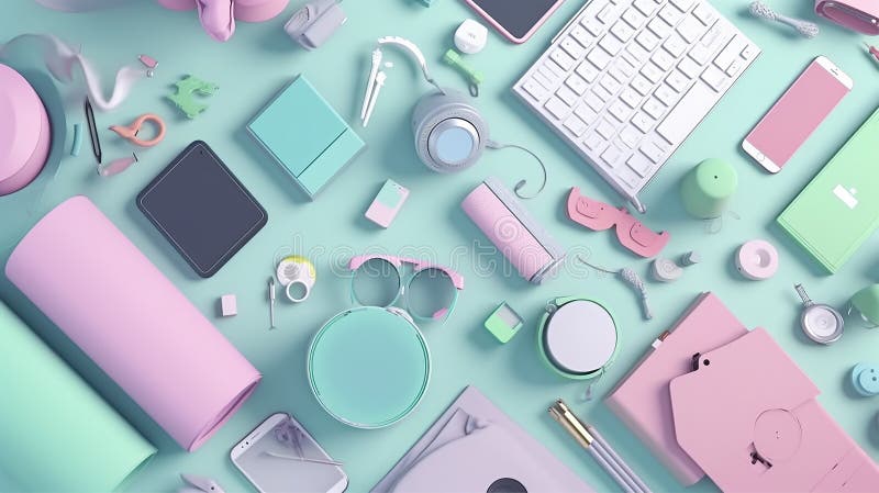 Banner with a Collection of Electronic Gadgets and Stationery. Top View ...