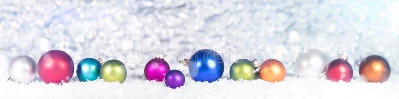 Banner with Colorful Baubles in the Snow, Blue and White Background ...