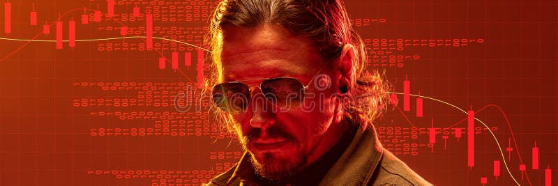 Banner. Conceptual Artwork. Man in Glasses Over Digital Chart with ...