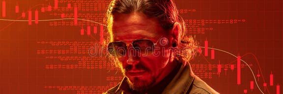 Banner. Conceptual Artwork. Man in Glasses Over Digital Chart with ...