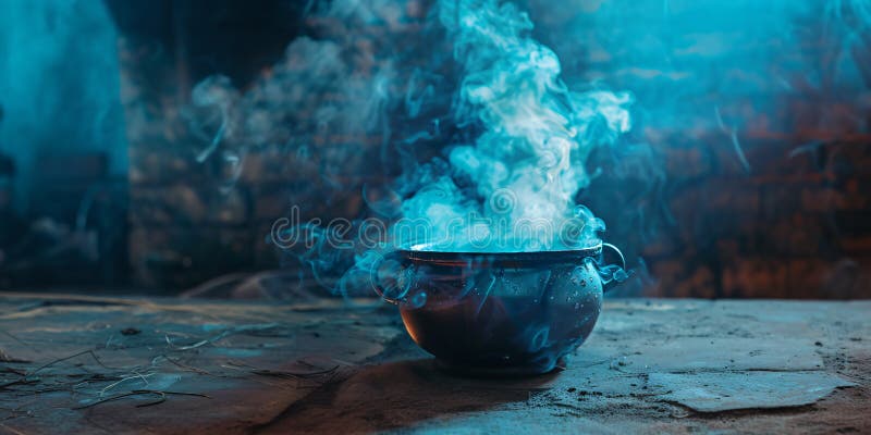 Banner with Cooking Halloween Witch Cauldron with Blue Smoke Stock ...