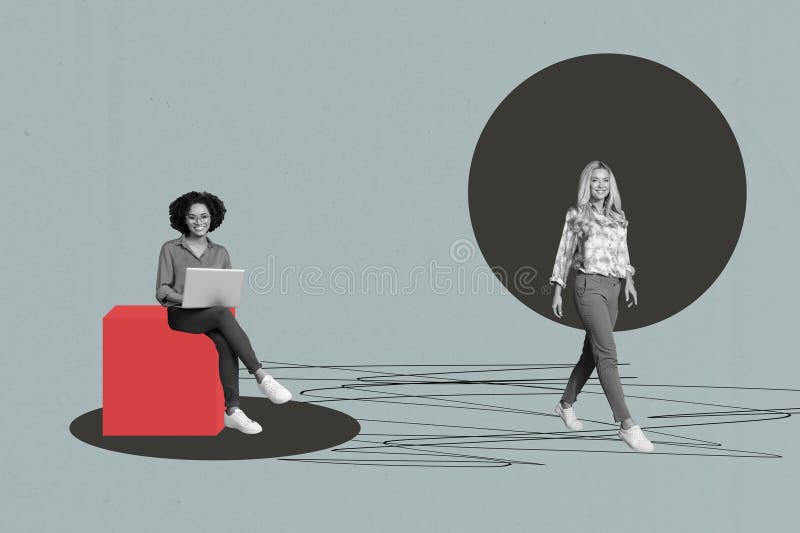 Banner Creative Collage of People Use Gadget Sit Cube on Grey ...