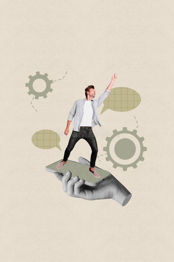 Banner Creative Collage of Young Guy Avatar from Virtual Phone Speaking ...