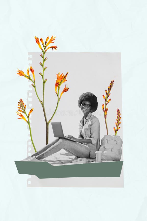 Banner Creative Poster Collage of Young Lady Worker Using Netbook on ...