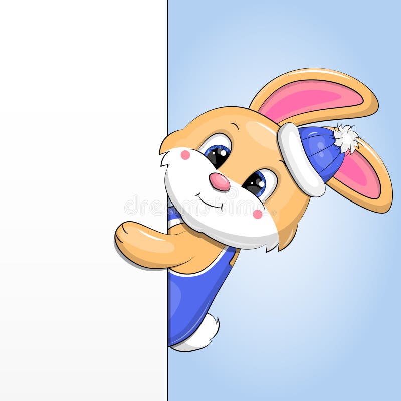 Banner with Cute Cartoon Rabbit in Blue Hat. Stock Vector ...