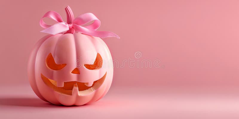 Banner with Cute Pink Carved Pumpkin with Ribbon on Stem in Front of ...