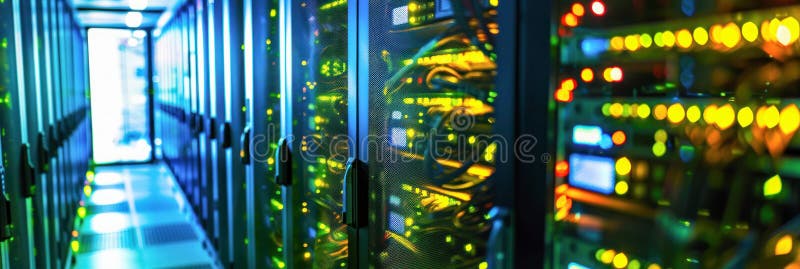 Banner with Data Center with Multiple Rows of Operational Server Racks ...