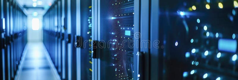 Banner with Data Center with Multiple Rows of Operational Server Racks ...