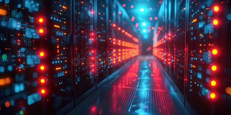 Banner with Data Center with Multiple Rows of Operational Server Racks ...