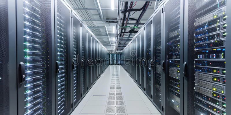 Banner with Data Center with Multiple Rows of Operational Server Racks ...