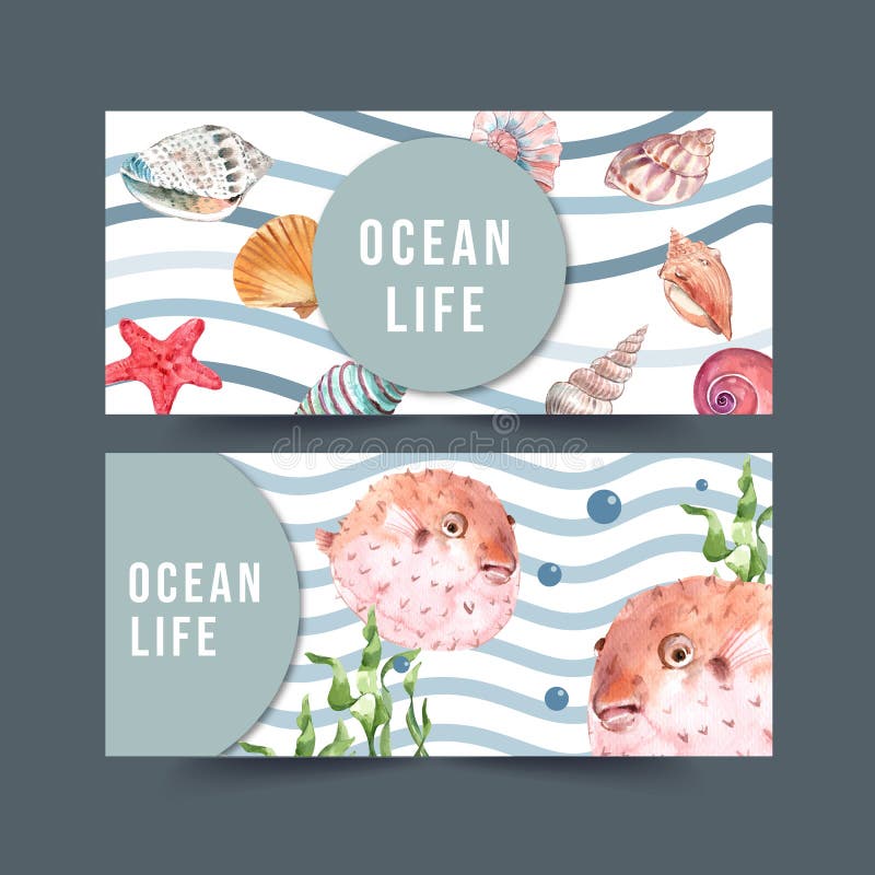 Banner Design with Sealife Theme, Puffer Fish and Shells Watercolor ...