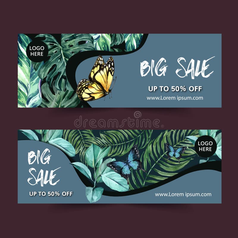 Banner Design with Tropical Theme, Butterfly with Foliage Vector ...