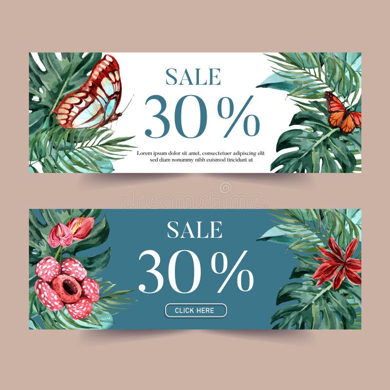 Banner Design with Tropical Theme, Butterfly with Foliage Vector ...
