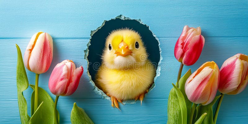 Banner with Easter Chick Peeking through Hole in Pink Wall with Tulip ...