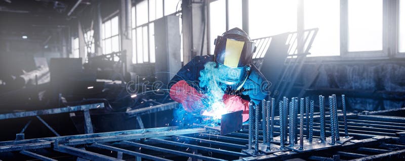 Banner Factory Worker Industrial Welder in Protective Uniform on ...
