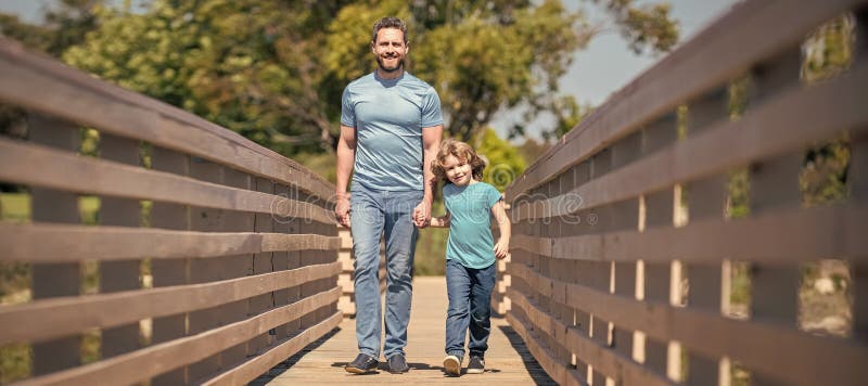 Banner of Father and Son Walk, Smiling Single Daddy Leading Small Kid ...