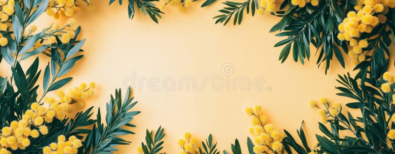 A Banner Featuring Spring Flowers, with a Border of Mimosa Blossoms and ...