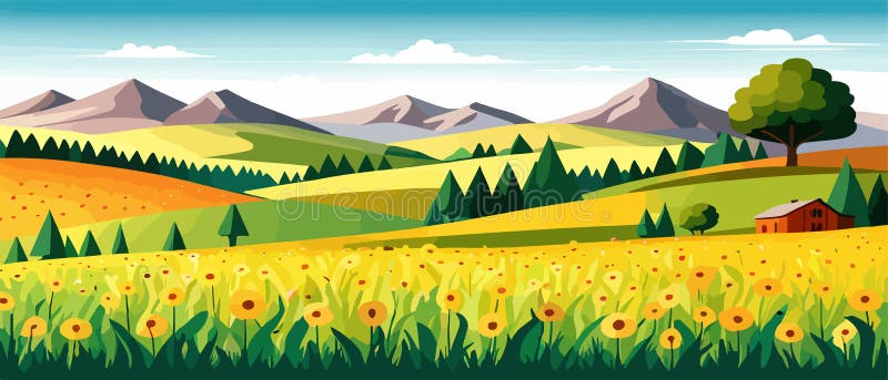 Banner Field of Spring Flowers in the Mountains Lit by the Morning Sun ...