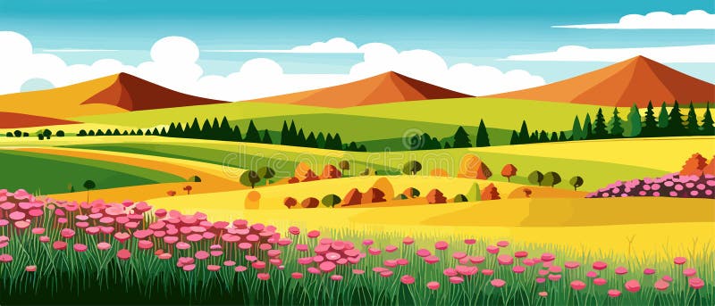 Banner Field of Spring Flowers in the Mountains Lit by the Morning Sun ...