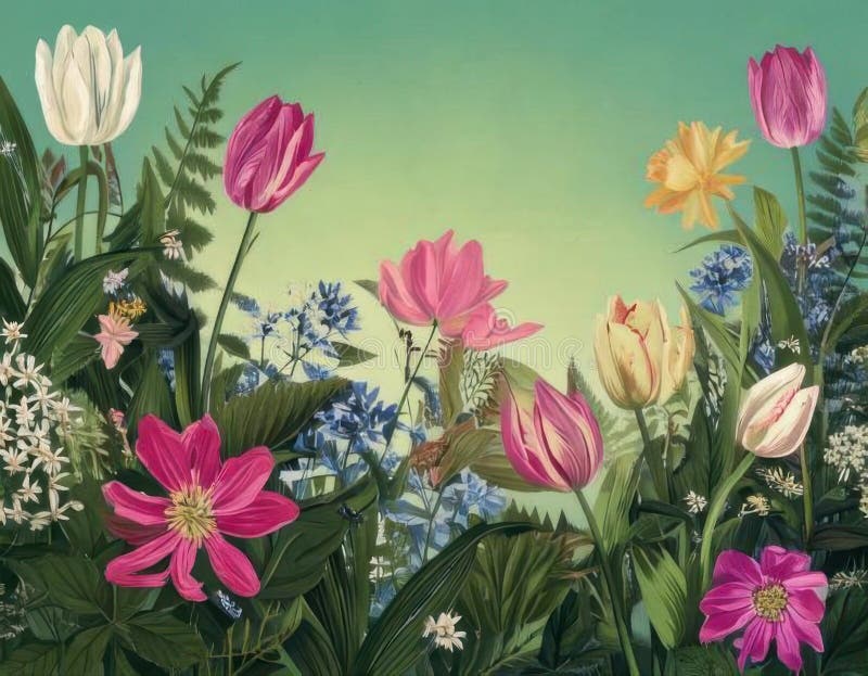 Banner with Floral Design and Spring Flower Garden Border Stock ...