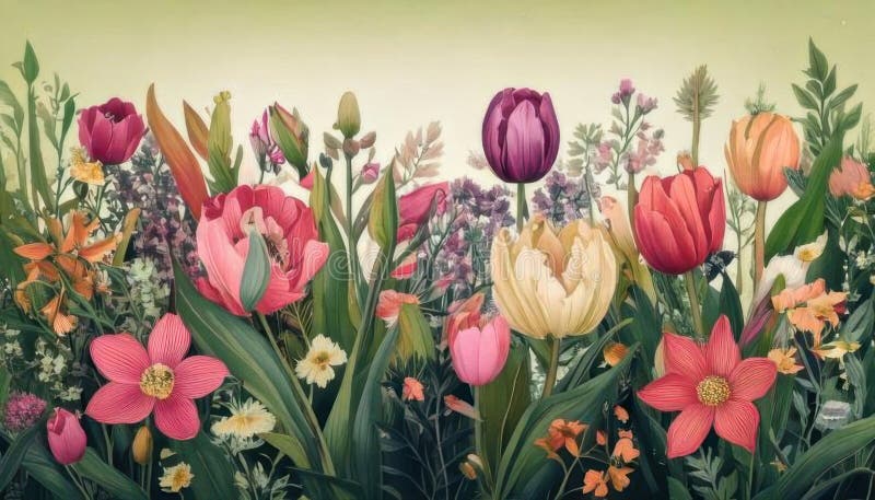 Banner with Floral Design and Spring Flower Garden Border Stock ...