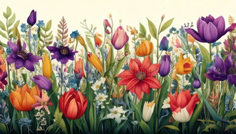 Banner with Floral Design and Spring Flower Garden Border Stock ...