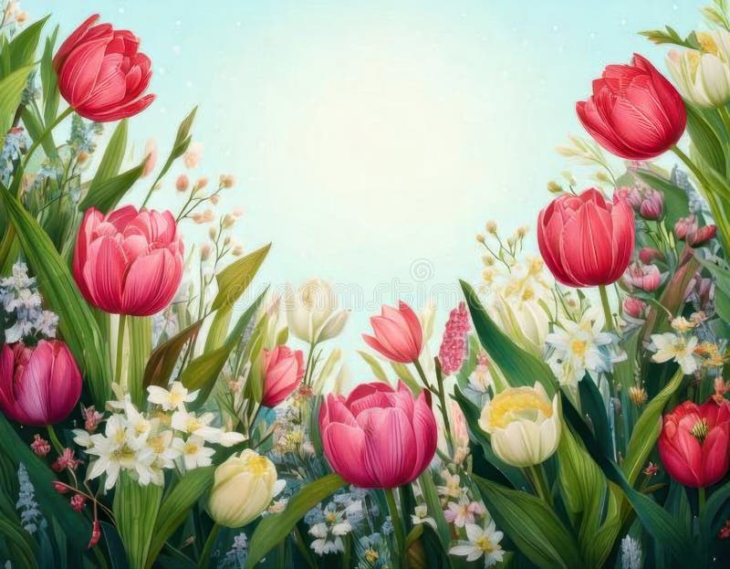 Banner with Floral Design and Spring Flower Garden Border Stock ...