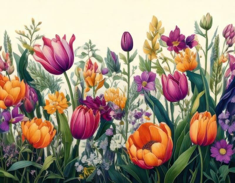 Banner with Floral Design and Spring Flower Garden Border Stock ...