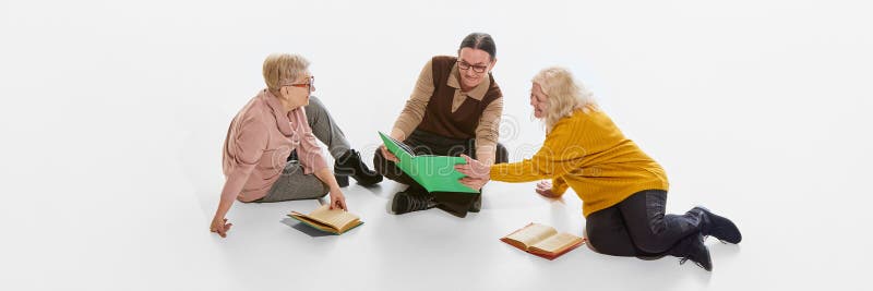 Banner, Flyer. Three Senior Women Reading and Discussing Books on Floor ...