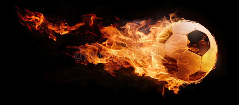 A Banner with a Flying Soccer Ball on Fire on a Black Background. Copy ...