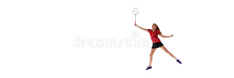 Banner. Focused on Game, Badminton Player Leaping To Repel an Enemy ...