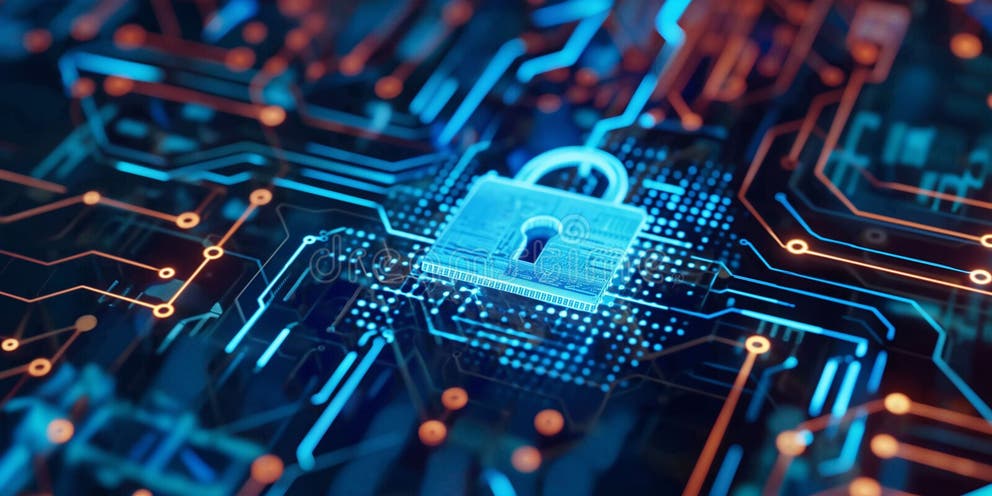 A Banner of a Glowing Neon Lock for Cybersecurity, Themes of Internet Cyber Security and the ...