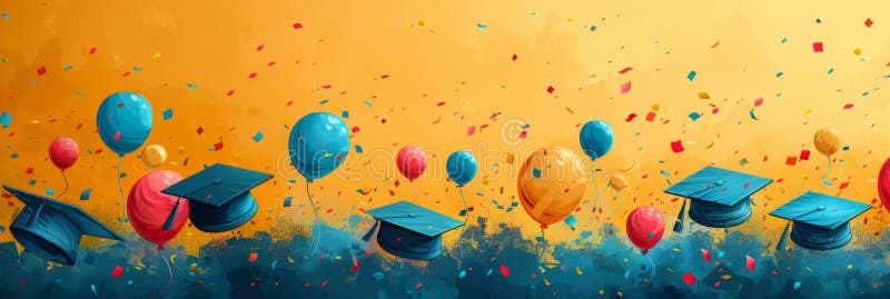 Banner with Graduation Caps with Confetti and Balloons on Yellow ...