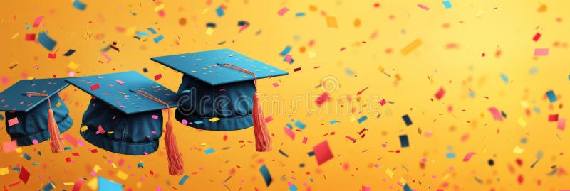 Banner with Graduation Caps with Confetti on Yellow Background ...