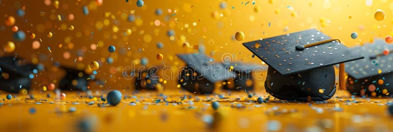 Banner with Graduation Caps with Confetti on Yellow Background ...