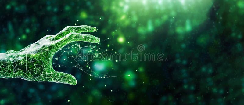 Banner with Green Electronic Hand with a Network Grid and Particles ...