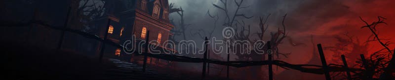 Halloween Horror Scene with Haunted House and Graveyard. Panoramic ...