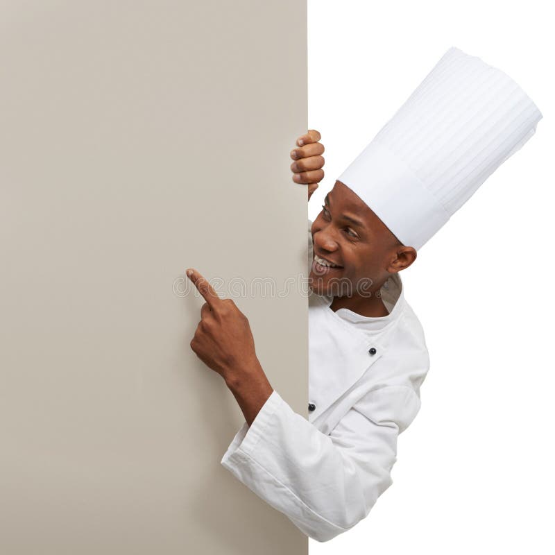 Banner, Hand Pointing or Black Man Chef with Studio Poster for ...