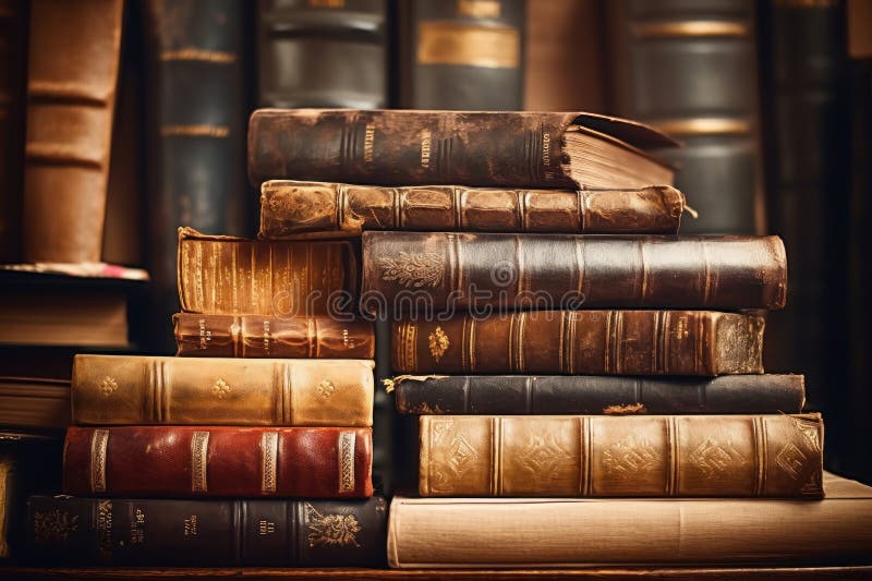Banner or Header Image with Stack of Antique Leather Books in Library ...