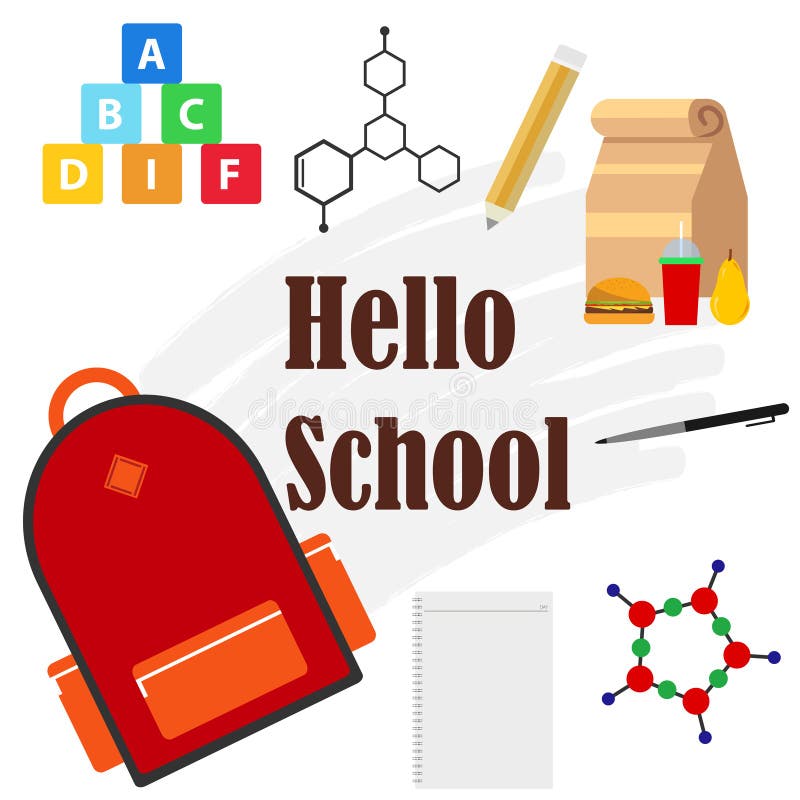 Banner Hello School, a Schoolboy Set Stock Illustration - Illustration ...