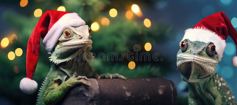 Banner of Lizard in Santa Hat and Christmas Tree with Bokeh Background ...