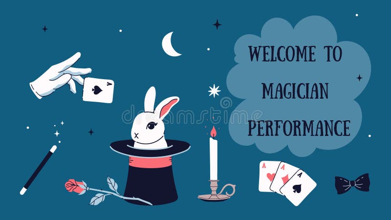 Banner of Magician Show with Rabbit in Hat, Cards, Candle, Rose, Magic ...