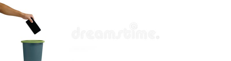 Banner,man Hand Throws Cell Phone into Trash Can on White Background ...