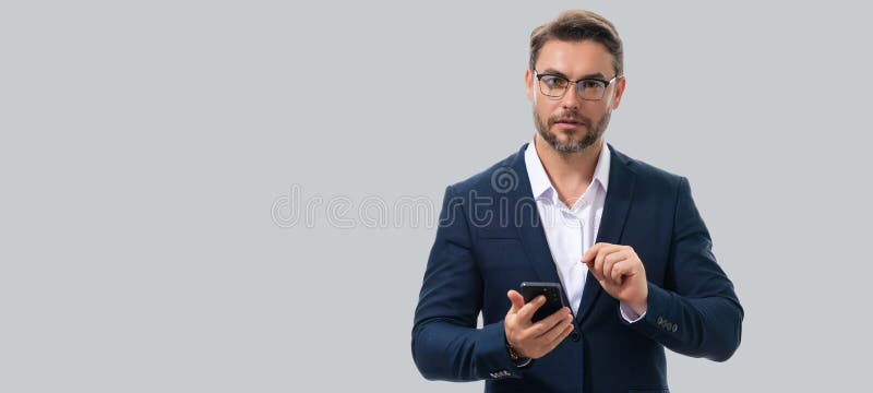 Banner of Man in Suit Using Mobile Smart Phone. Banner for Header, Copy ...