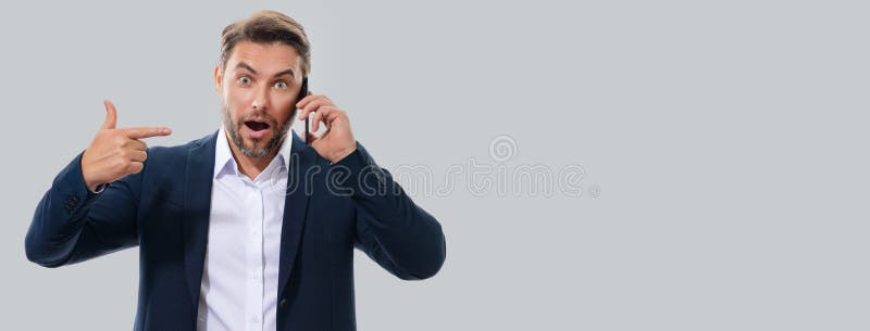 Banner of Man in Suit Using Mobile Smart Phone. Banner for Header, Copy ...