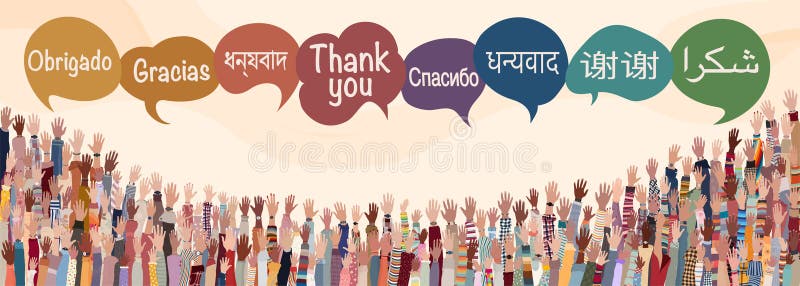 Hand Raised of Multicultural People with Speech Bubbles with Text ...