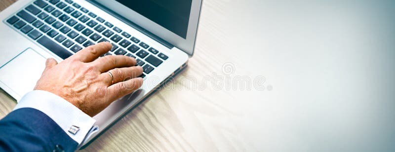 Banner with Mature Man Working on Laptop. Forefinger at Keyboard ...