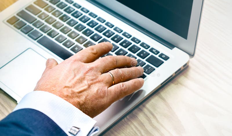 Banner with Mature Man Working on Laptop. Forefinger at Keyboard ...