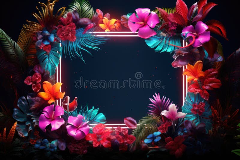 Banner with Neon Frame and Colorful Plants Stock Illustration ...